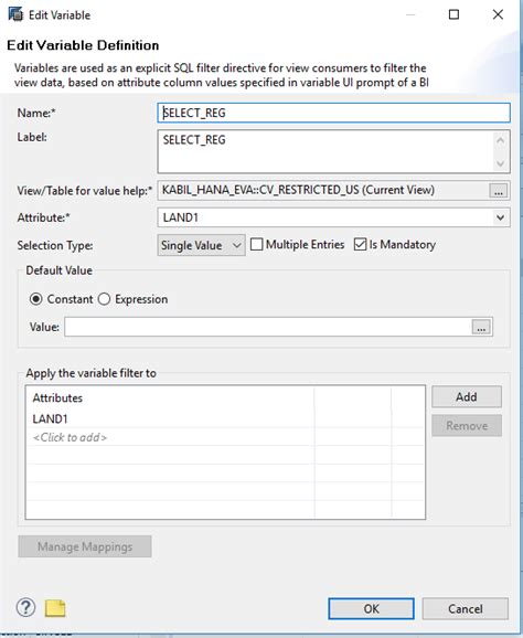 restrict a column using variables in sap hana hana