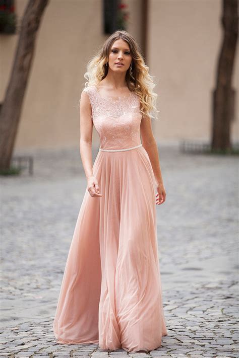 Blush Pink Lace Chiffon Illusion Backless A Line Long Evening Dress Uk
