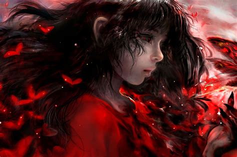 2560x1700 Demon Girl Red Eyes Red Butterflies Black Hair Profile