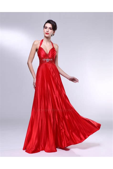 A Line Halter Beaded Pleated Long Red Prom Evening Formal Dresses Ed010970