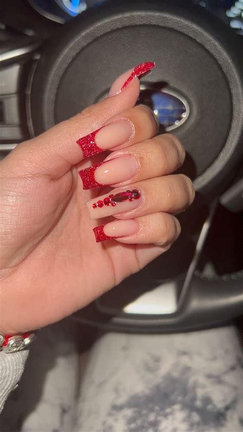 Red Glitter French Tip Nails Prom Nails Red Red Acrylic Nails Red