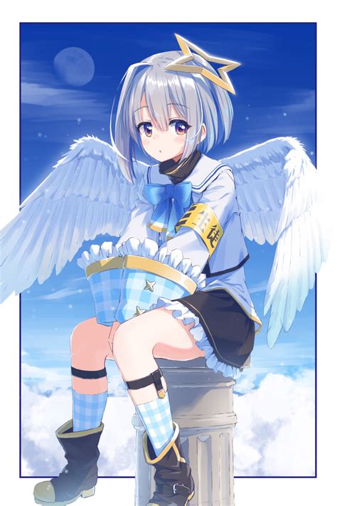 Safebooru 1girl Amane Kanata Angel Wings Armband Between Legs Blue
