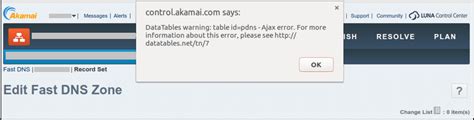 datatables warning when trying to edit a recordset in edge dns