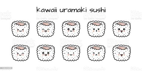 Vetores De Conjunto De Mascotes Kawaii Uramaki Sushi No Estilo Dos