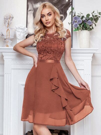 Miusol Floral Lace Bodice Ruffle Trim Cocktail Party Swing Dress