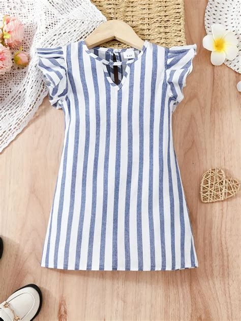100 Cotton Girls Casual Stripped Flutter Trim Dress Summer Temu