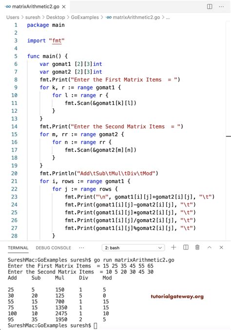 go program to perform arithmetic operations on matrix