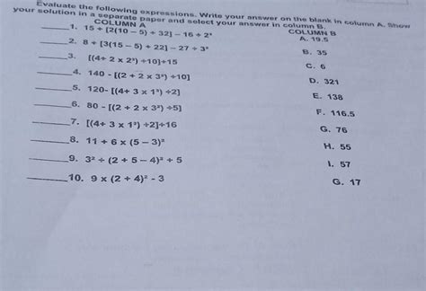 Directions Evaluate The Following Expression Write Your Answer On The