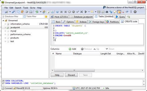 mariadb create table javatpoint