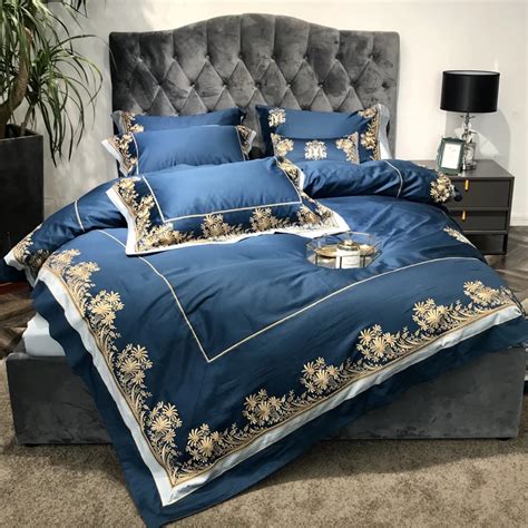 Blue Luxury 120s Egyptian Cotton Embroidery Royal Bedding Sets Queen