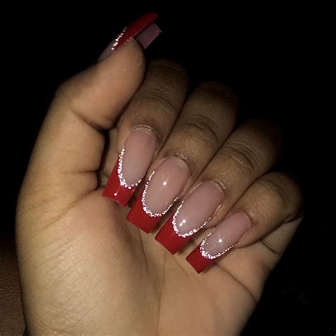 Medium Set Red French Tips With Glitter ️ Red Acrylic Nails Red