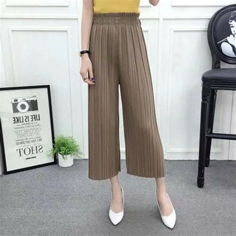 Ladies Pleated Chiffon Flax Wide Leg Pants Elastic Waist Trousers