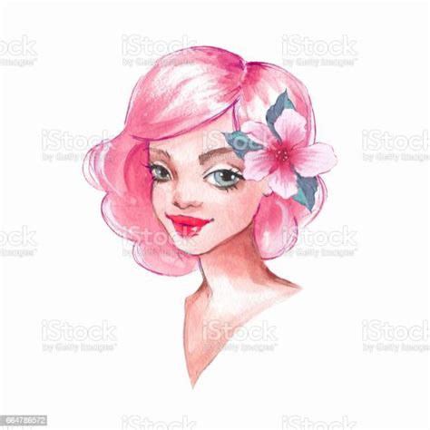 女の子水彩画の女性の顔 イラストレーションのベクターアート素材や画像を多数ご用意 イラストレーション スクエア ピンク色 Istock