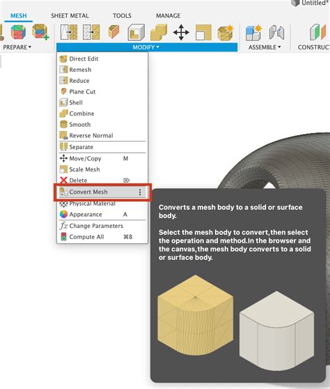 come convertire una mesh in un corpo solido o di superficie in fusion 360