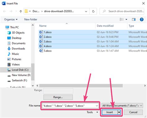 how to append multiple documents to one single file on microsoft word