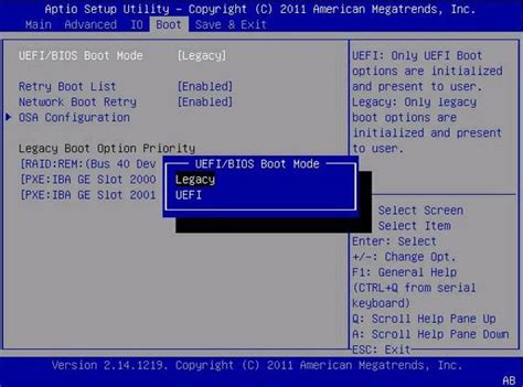 disable legacy boot mode and enable uefi