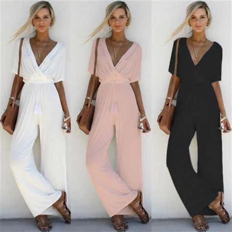 Women Deep V Neck Chiffon Wide Leg Jumpsuits Half Sleevese Loose Casual