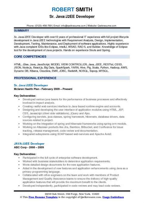 j2ee developer resume samples qwikresume
