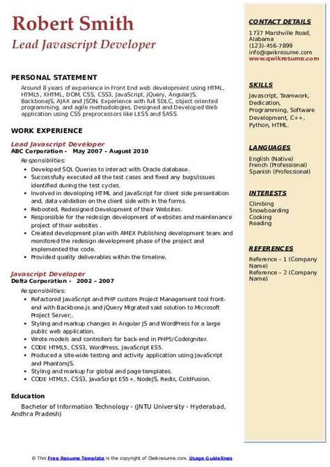 javascript developer resume samples qwikresume
