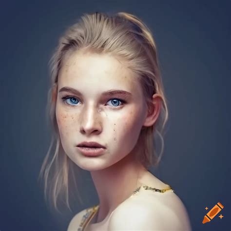 Beautiful Young Woman Shoulder Length Blonde Hair Very Light Freckles