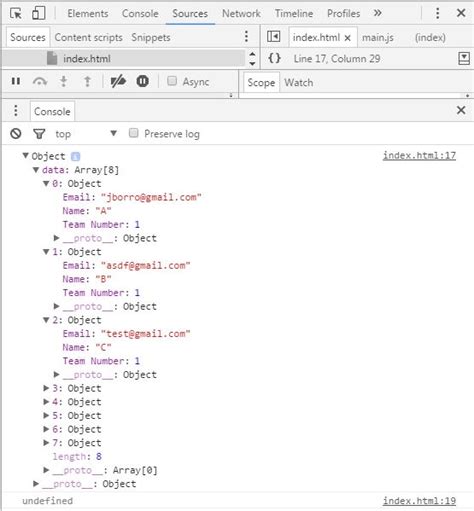 javascript accessing an object from a json array of objects yields