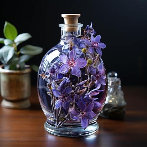 Premium Ai Image Fresh Scent Of Purple Flower In Glass Bottle