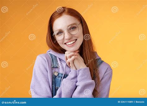 Tender Romantic Lovely Redhead Girlfriend Leaning Palms Tilting Head