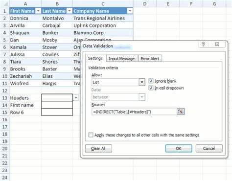 how to use a table name in data validation lists and