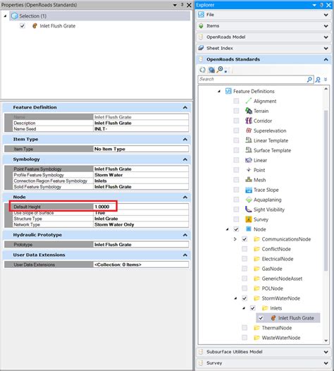 default height defined for a node feature definition openroads