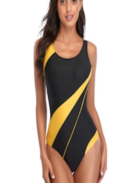 Buy Urbanic Black And Mustard Yellow Striped Detail Padded Swim Bodysuit