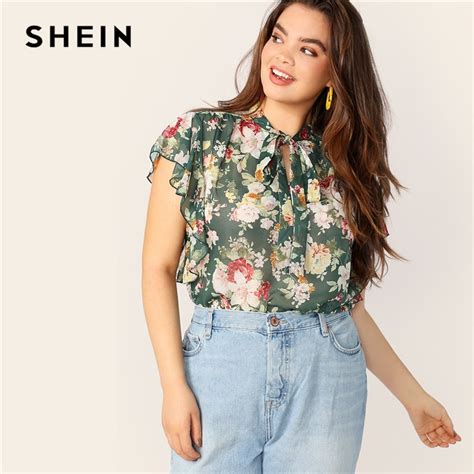 Shein Plus Size Bohemian Tie Neck Flutter Sleeve Floral Print Women