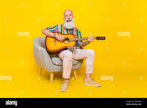 Portrait Of Optimistic Old Man With Long Beard Wear Colorful Shirt Sit