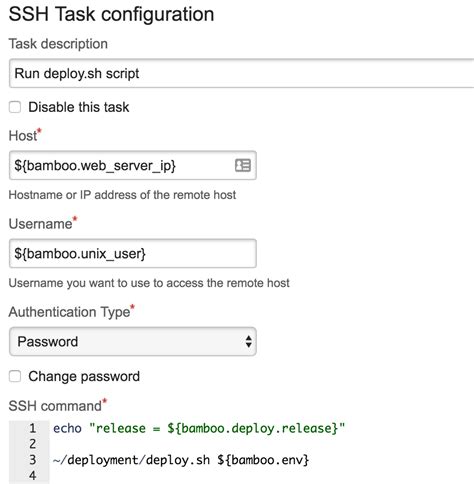 using variables with the ssh task on bamboo build server joe