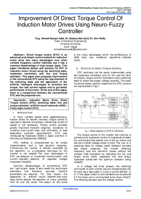 Pdf Improvement Of Direct Torque Control Of Induction Motor Drives
