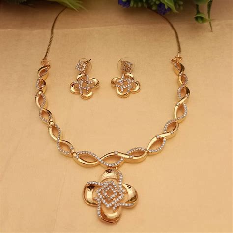Gold American Diamond Gold Plated Necklace Jewellery Set Zakarto