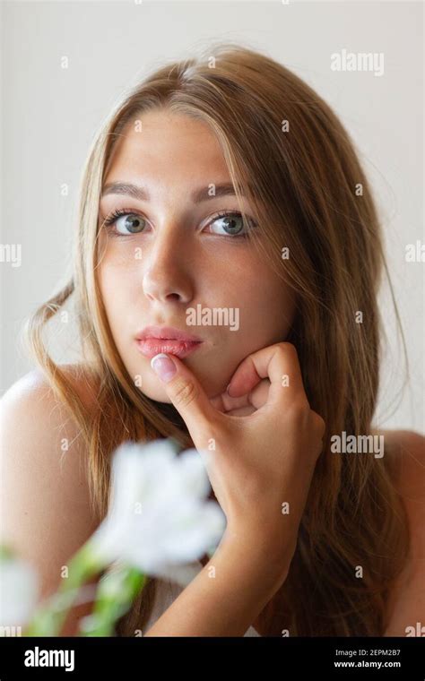Cute Woman Portrait Blonde Girl With Long Hair And Makeup Natural