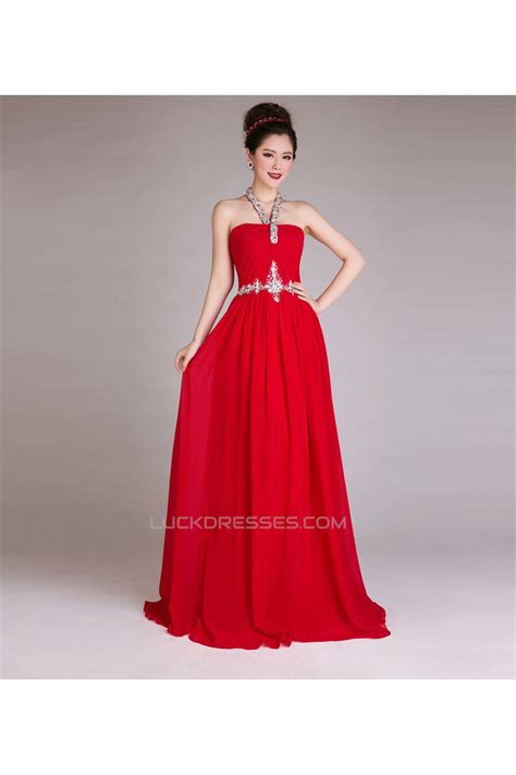 A Line Halter Beaded Long Red Chiffon Prom Evening Formal Dresses Ed011256