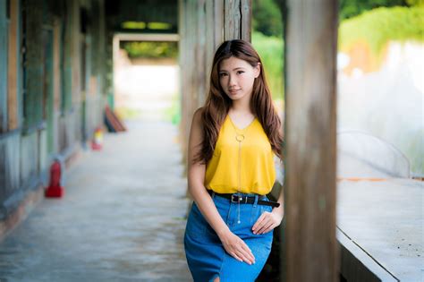 Wallpaper Model Asian Brunette Long Hair Looking At Viewer Denim