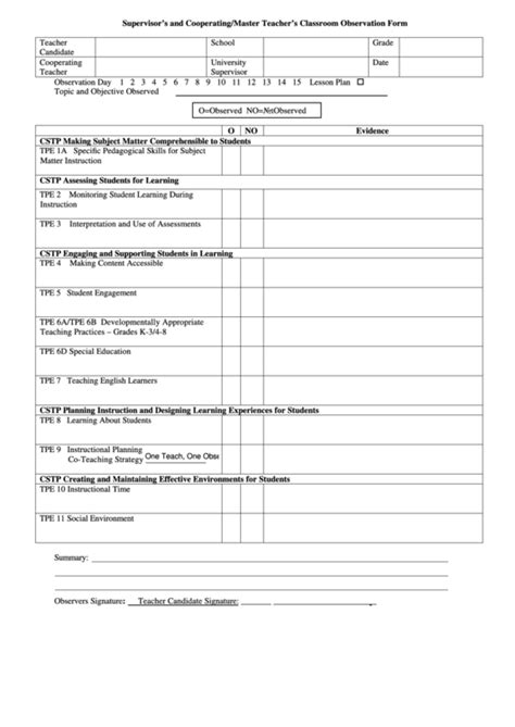 fillable supervisor s and cooperating master teacher s classroom
