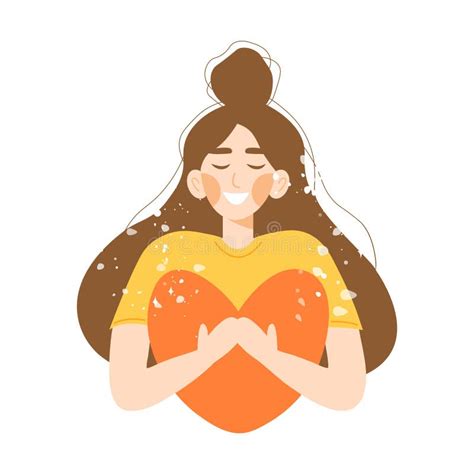 Young Smiling Girl Hugging Heart Cute Flat Cartoon Vector Character