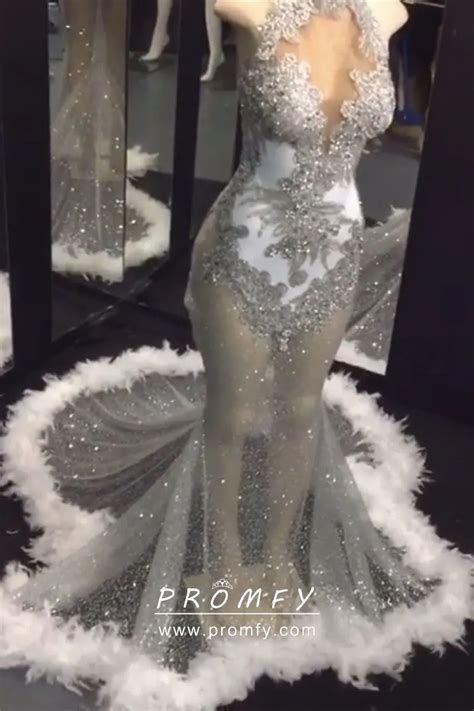 Sparkly Sexy Beaded Lace Glitter Feather Prom Dress Promfy
