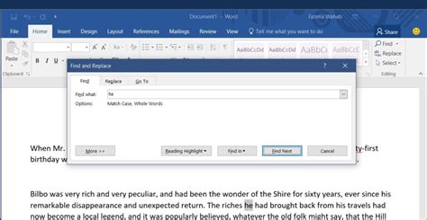 how to find whole words in ms word instead of text strings