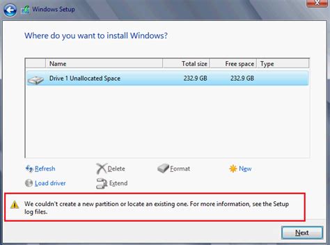 fixed we couldn t create a new partition or locate an existing one