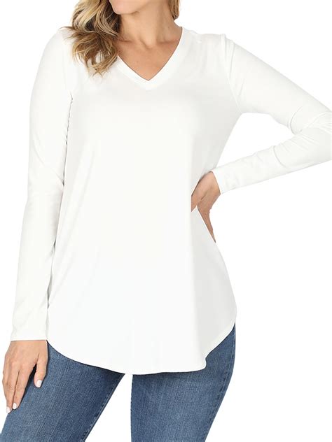 Zenana Women And Plus Relaxed Fit Long Sleeve V Neck Round Hem Jersey Tee