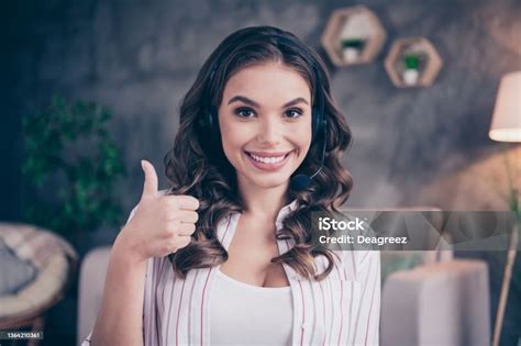 Photo Of Optimistic Brunette Curly Hairdo Lady Talk In Mic Show Thumb