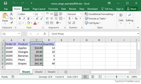 ms excel 2016 move a range