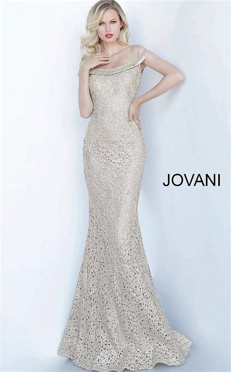 Jovani 63815 Metallic Gold Long Evening Dress Lace Evening Dresses