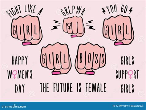 Female Fist Girl Power Girl Boss Vector Set Design Elements Stock