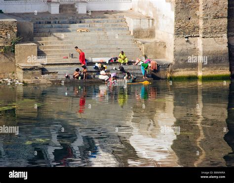 Indian People Bathing And Washing Their Clothes Lake Pichola Udaipur