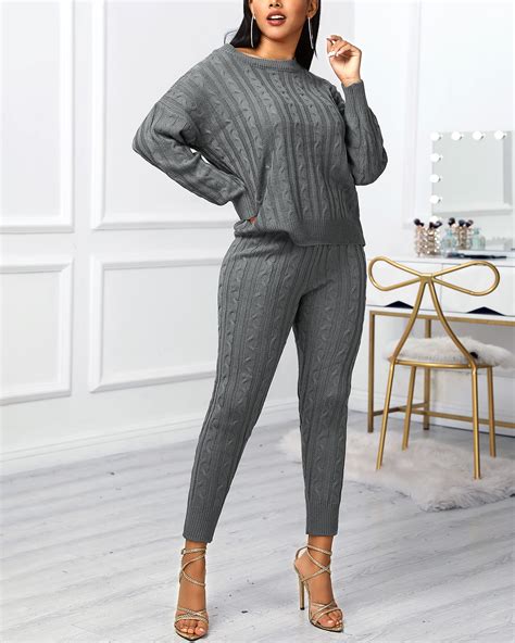 Solid Ribbed Knitting Casual Sweater And Pants Sets Online Discover